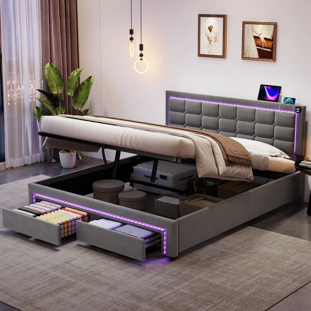 LED OTTOMAN STORAGE 5ft King Upholstered Bed Frame with Headboard & 2 ...
