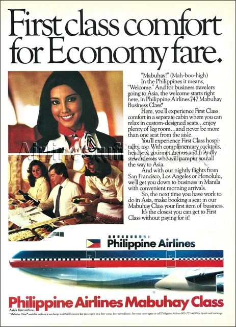 1984 PHILIPPINE AIRLINES MABUHAY BUSINESS CLASS 747 DC10 Stewardess ad ...