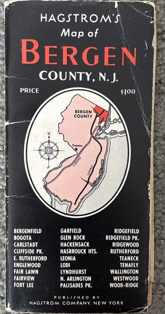 HAGSTROM'S MAP OF Bergen County New Jersey Cities Streets Blue Line ...