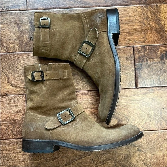FRYE ENGINEER BOOTS Brown Suede Leather Men 9.5 D Buckle Rubber Straps ...