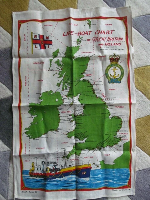 VINTAGE IRISH LINEN Lifeboat RNLI Chart Of Britain Tea Towel Cromarty ...