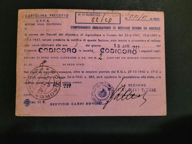 CARTOLINA PRECETTO C.P.P.A. Sezione Zootecnia Viaggiata 1943 Codigoro ...