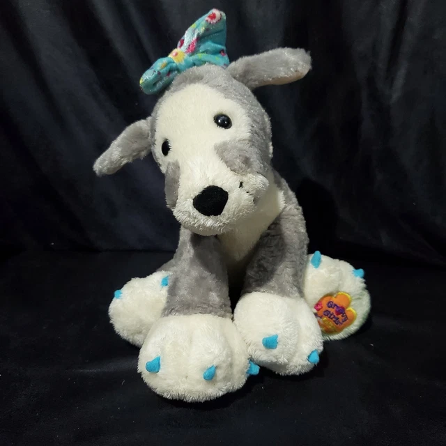RARE GROOVY GIRLS Poppi Puppy Dog With Blue Bow Plush Gray White 9" $37 ...