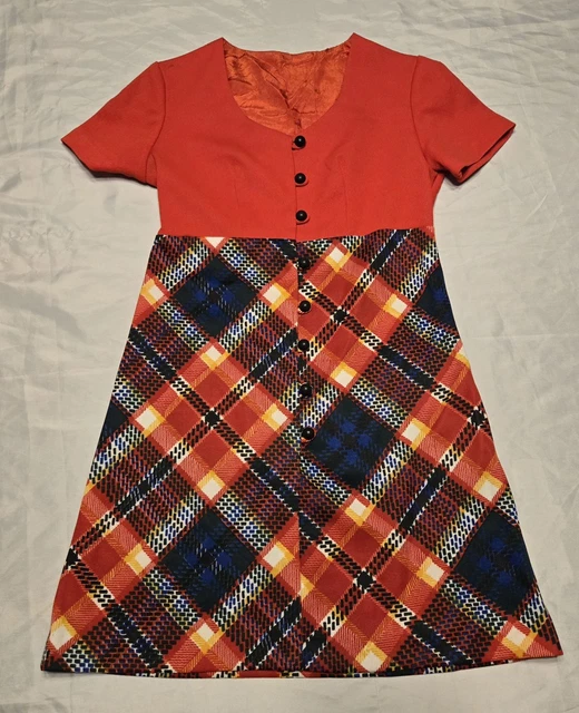 RARE VINTAGE 1970S Mod Red Plaid mini Dress Unbranded, 28" Waist Prop ...