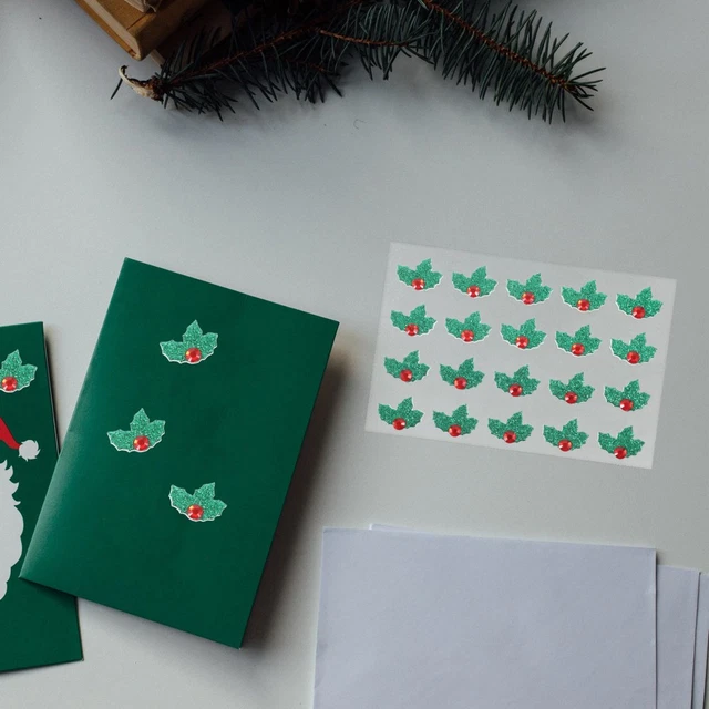 10 BLÄTTER GRÜNER und roter Weihnachtsfeiertag Holly Blätter Aufkleber ...