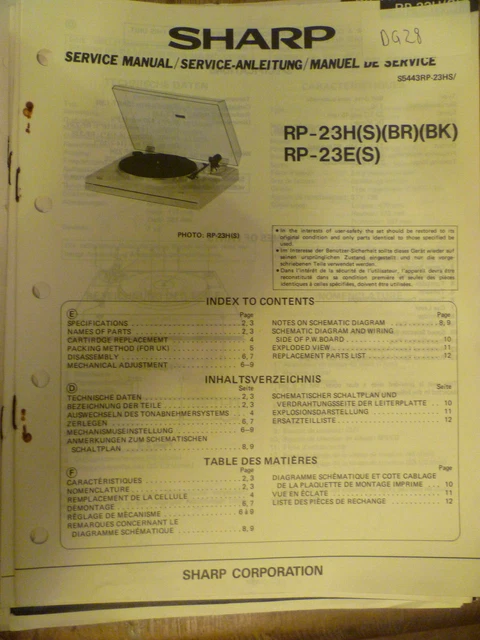 SHARP RP-23H RP-23E Stereo Turntable Original Service Manual £8.23 ...