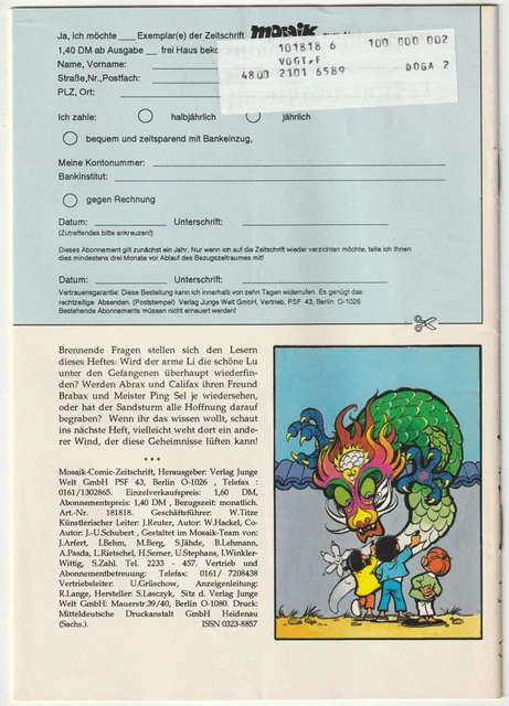 MOSAIK #6/1991 Vom Winde ver... mit Abo-Aufkleber, Junge Welt COMICHEFT ...