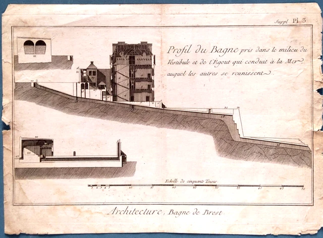 GRAVURE ANCIENNE &ARCHITECTURE - Bagne de Brest" 35 x 25 cm EUR 20,00 ...