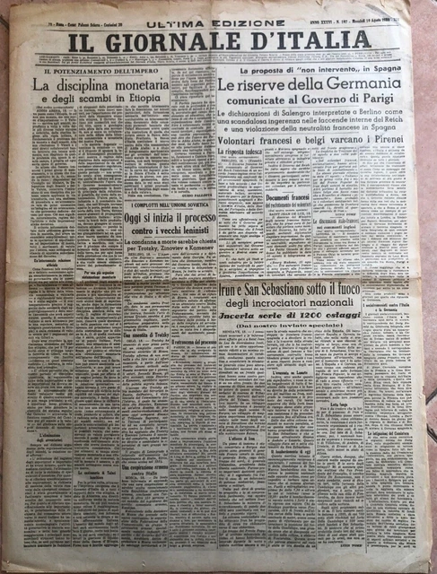 FASCISMO IL GIORNALE d'Italia giornale originale 1936 N. 197 EUR 21,62 ...