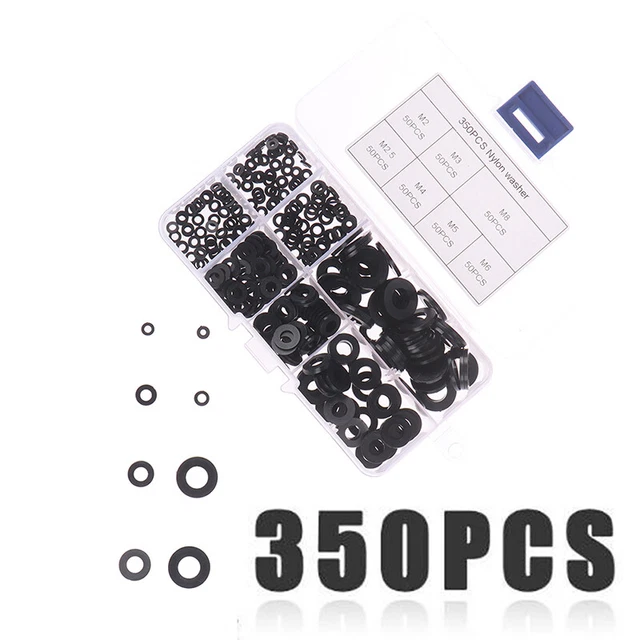350pcs M2 M2 5 M3 M4 M5 M6 M8 Black Nylon Flat Washer Assortment Kit