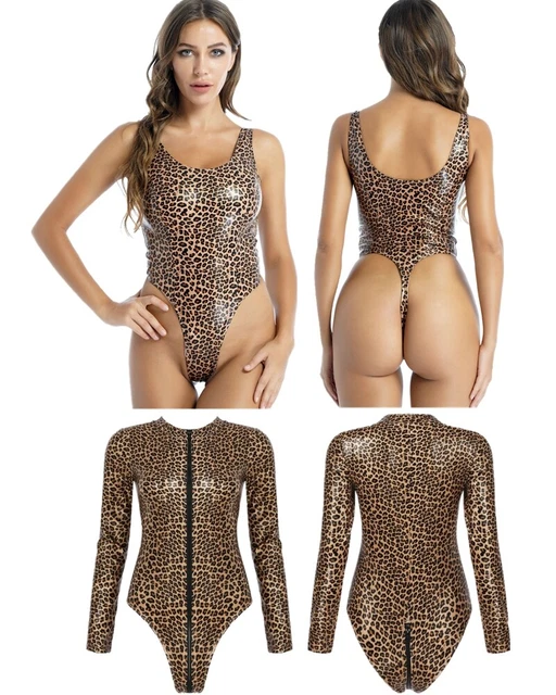 Sexy Womens Wetlook Leopards Bodysuit High Cut Bikini Thong Leotard