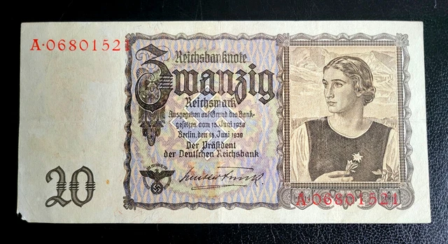 GERMANY THIRD REICH ww2 Genuine Banknote 20 Reichsmark ser. A 1939 (VF ...