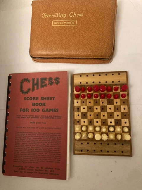 TRAVEL CHESS SET 1960s HOUSE MARTIN Faux Leather Zip Case & 100 sheet ...