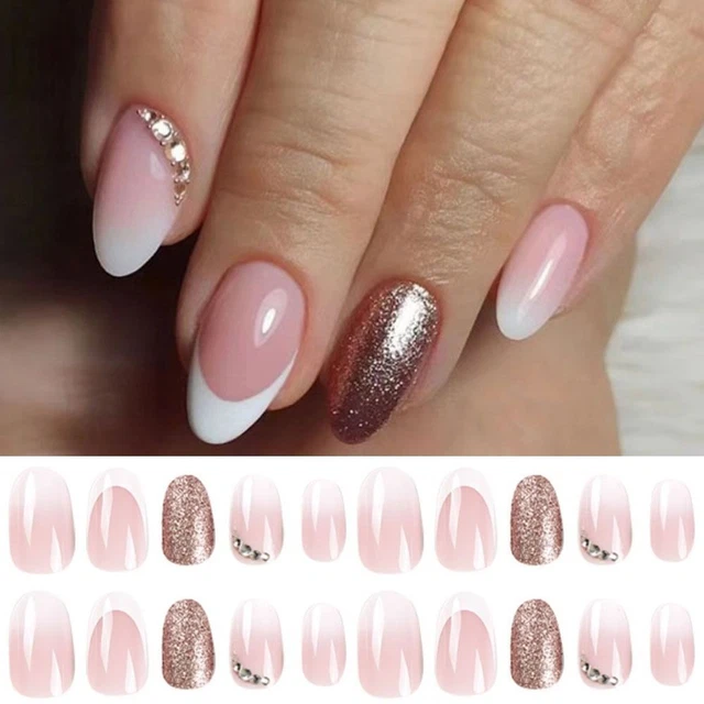 TIPS PRESS ON Nails DIY Fake Nials Short Almond False Nails Gold Foil ...