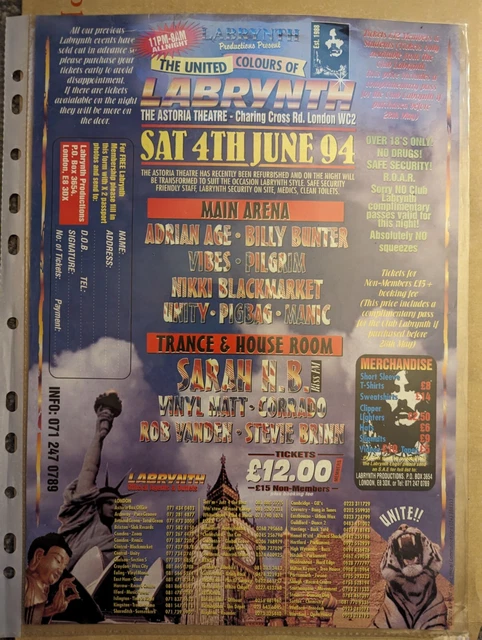 RAVE FLYER LABRYNTH A4 4/6/94 @ Astoria Theatre Londres Wc2 EUR 4,08 ...