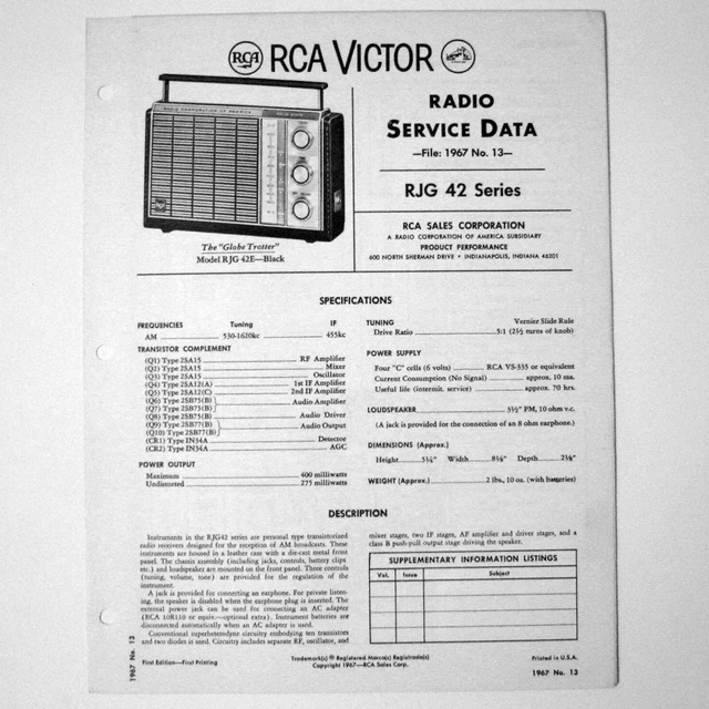 RCA ® MODEL RJG 42 Series Portable Transistor Radio Service Manual ...