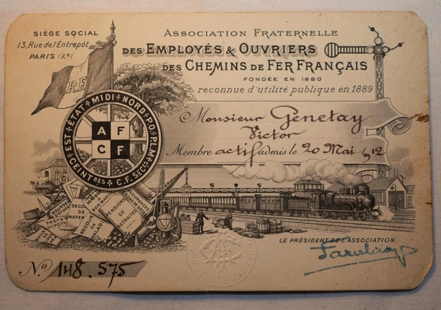 CARTE IDENTITÉ AFCF 1912 - chemin de fer ETAT MIDI NORD PO PLM EST ...