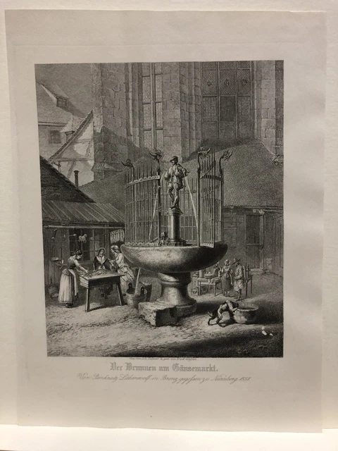 ORIGINAL STAHLSTICH NÜRNBERG Brunnen Gänsemarkt 1879 Philipp Walther ...