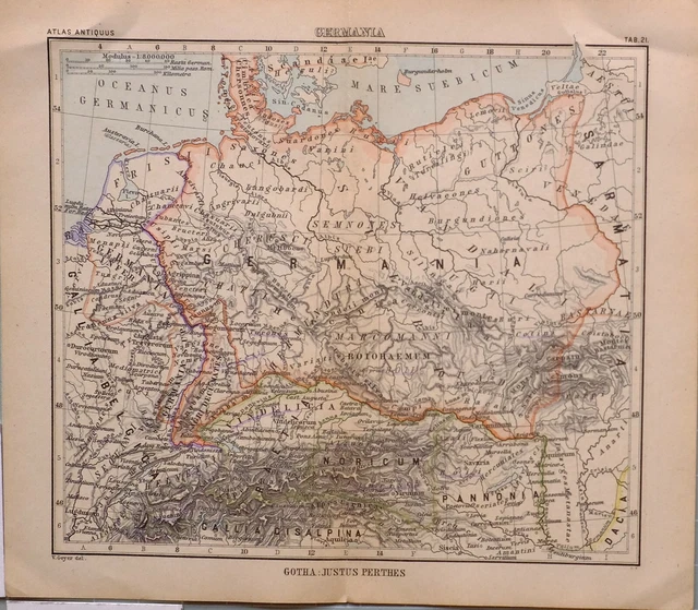 1895 SMALL MAP Germania Germany Vindelicia Boiohaemum Noricum Pannonia ...