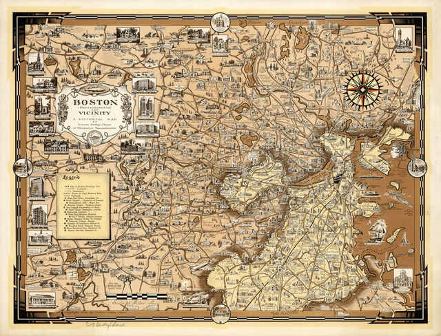 EARLY PICTORIAL WALL Map Boston Massachusetts and Vicinity Art Poster ...