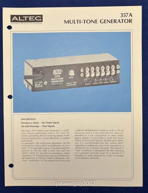 VINTAGE ALTEC LANSING Spec Sheet / 357A Multi-Tone Generator $12.95 ...