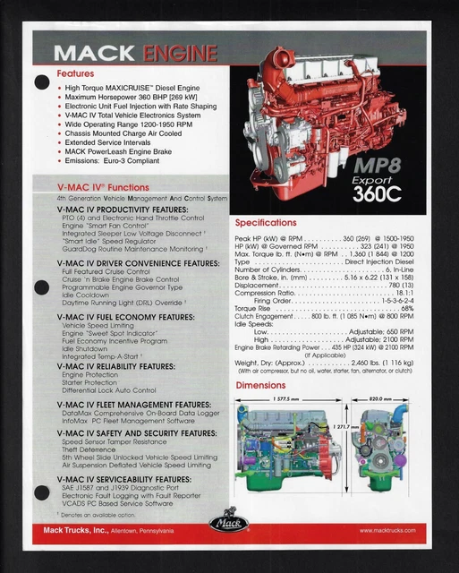MACK TRUCKS MP8 Export 360C Engine Specifications Brochure 2007 $27.50 ...
