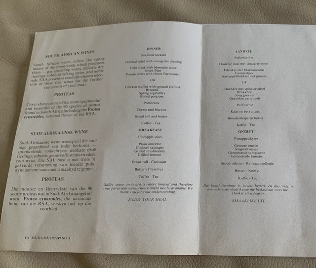 1984 SOUTH AFRICAN Airways in-flight menus, boarding card, badges of ...