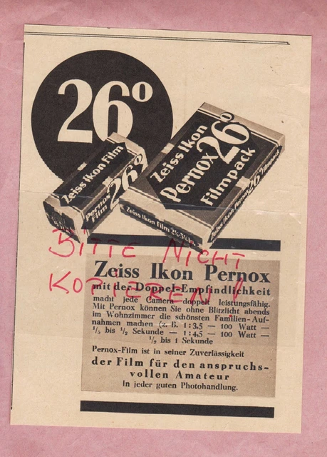 JENA, WERBUNG 1933, Carl Zeiss Ikon Pernox Doppel-Empfindlichkeit Film ...