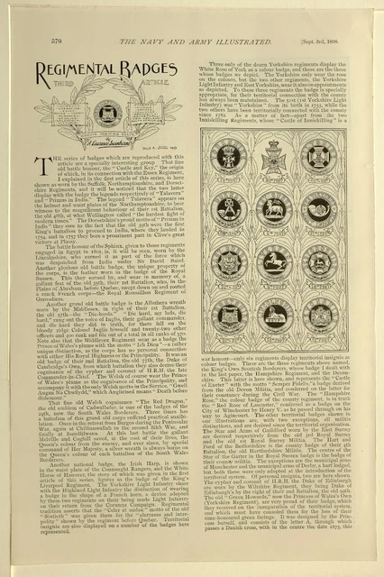 1898 PRINT NAVY & Army Article Regimental Badges Suffolk Oxfordshire ...