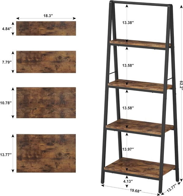 LADDER SHELF, 4-TIER Leaning Ladder Bookshelf, Rustic and Wood Ladder ...