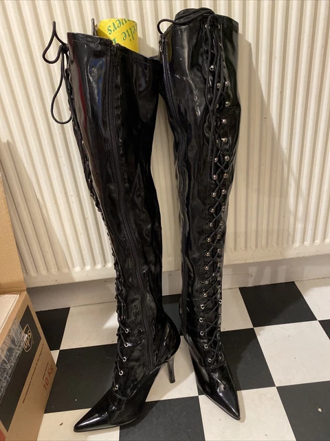 BLACK PVC LACE Up Over The Knee Stiletto Boots Size 7/40 £26.00 ...