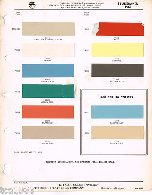 1959 STUDEBAKER COLOR Chip Paint Sample Brochure/Chart: PPG, Ditzler $9 ...