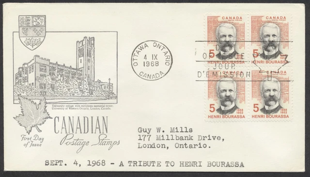 1968 #485 HENRI Bourassa FDC Block Middlesex Stamp Circle Cachet Ottawa ...