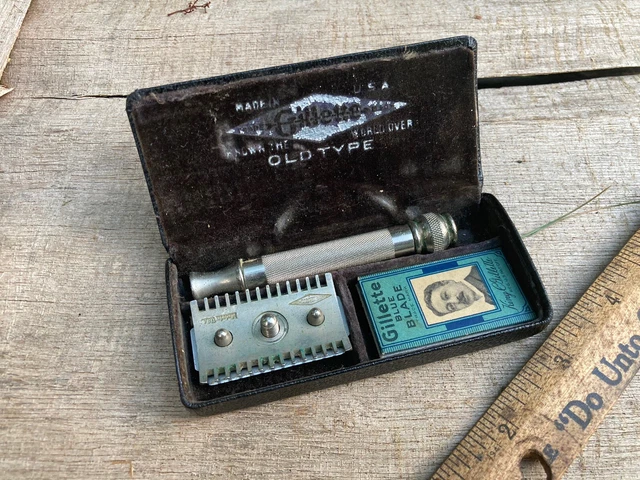 ANTIQUE VINTAGE OLD Type Gillette Safety Razor Travel Set Blue Blades ...