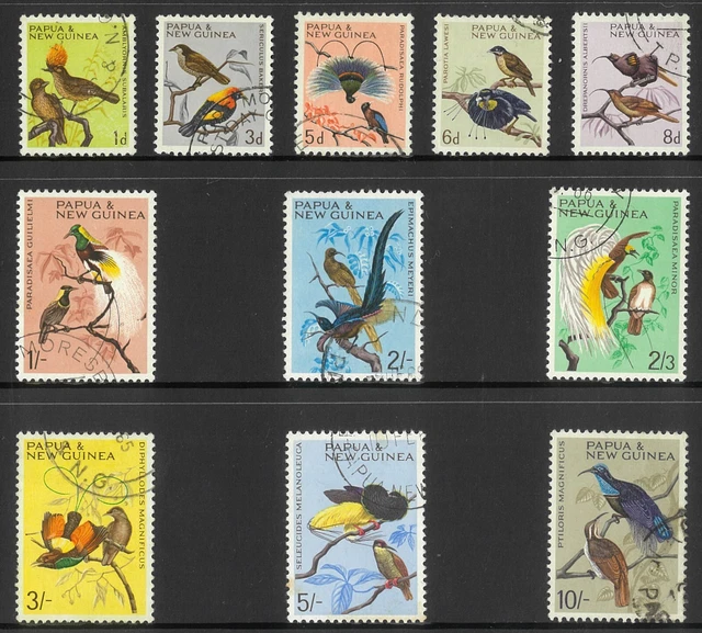 PAPUA NEW GUINEA 1964-65 Birds Set/11 Stamps to 10/- SG61/71 Fine Used ...