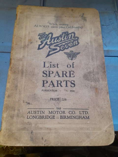 AUSTIN SEVEN LIST Of Spare Parts 353M November 1927 Original Factory ...