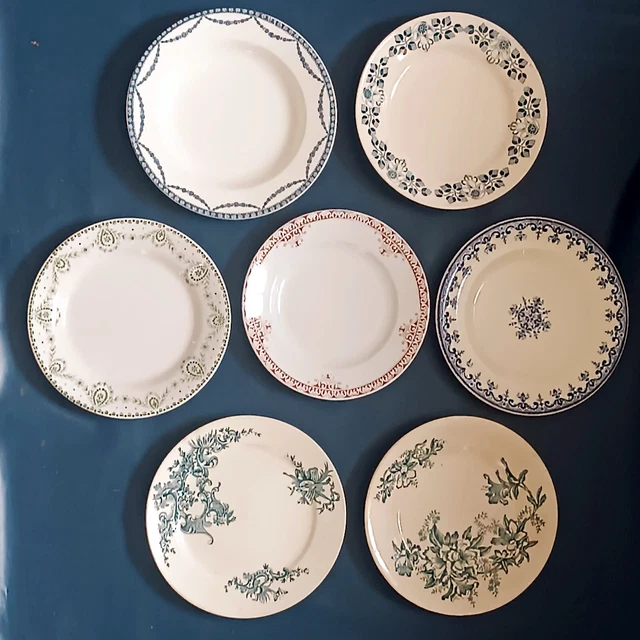 7 ASSIETTES PLATES dépareillées Terre de fer fin 19e, Creil et ...