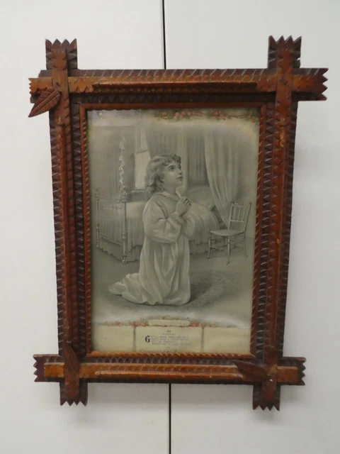 ANTIQUE CHIP CARVED Arts And Crafts Timber Frame Religious Print $145. ...