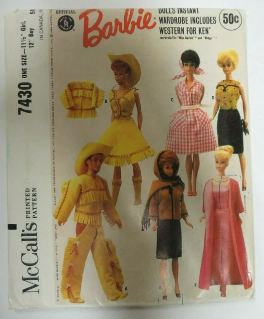 VTG 80'S MCCALL'S 7774 BARBIE KEN DOLL CLOTHES Sewing Pattern 11.5 ...