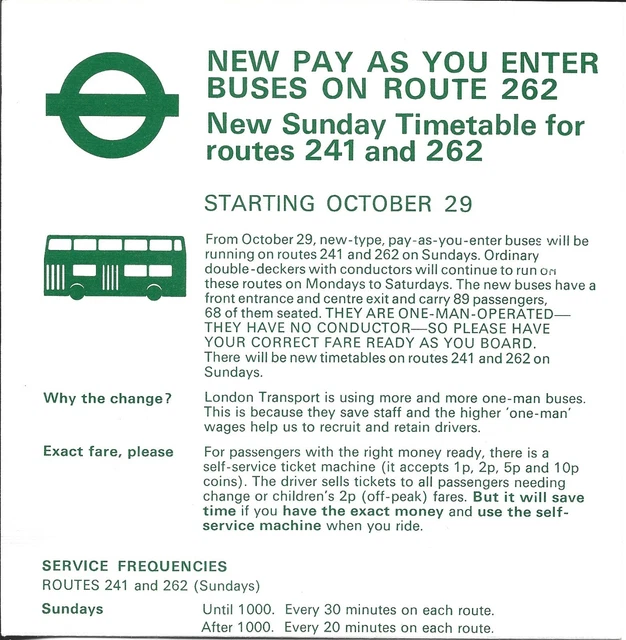 LONDON TRANSPORT NEW Paye Buses On Route 262 - Oct 1972 £1.76 - PicClick UK