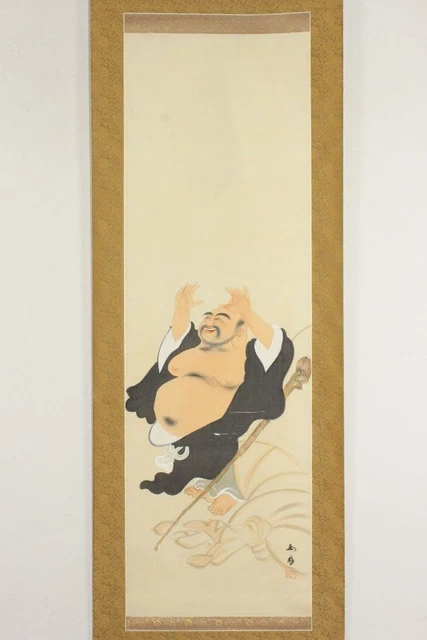 DIPINTO A ROTOLO giapponese Hotei Budai Dio Ricchezza Seta Kakemono ...