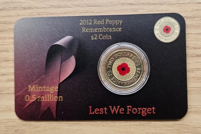 UNC ORIGINAL ROLL 2012 Australian $2 Red Poppy Coin on Card Mint Cond ...