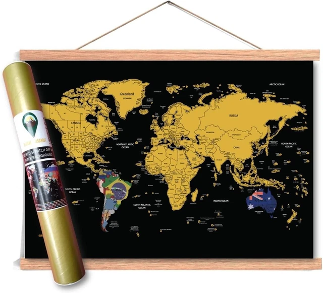 SCRATCH OFF WORLD Map with Flags Deluxe Travel Map Poster with Wooden ...