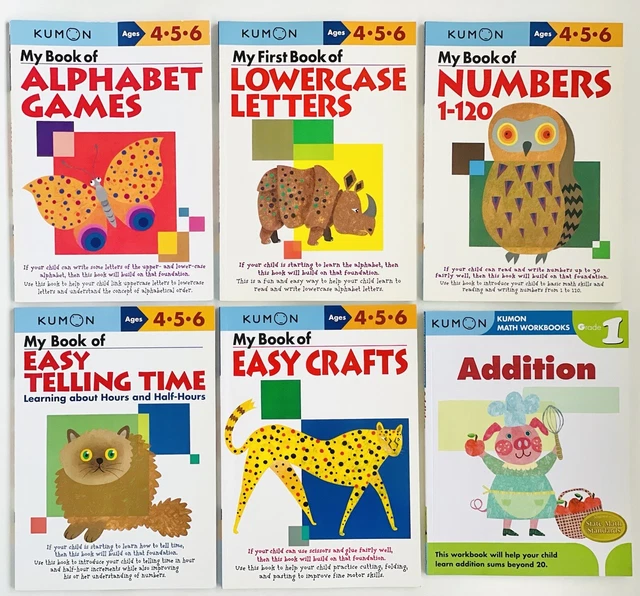 KUMON 6 BOOKS set Alphabet, Lowercase letters Time, Crafts, Numbers ...