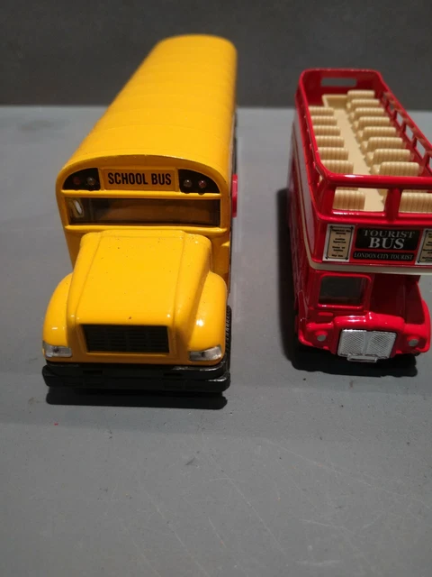 LONDON OPEN TOP double decker Bus and a American School Bus Wind Up £5. ...