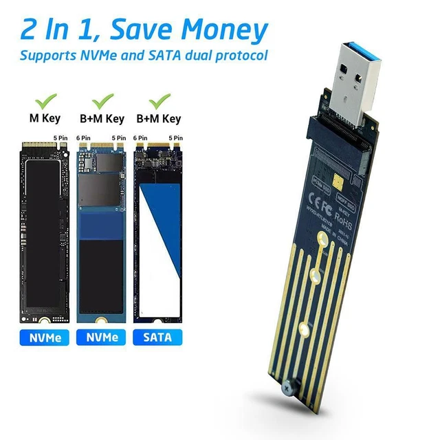 NVME TO USB Adapter, M.2 SSD to USB 3.1 Type A Card, Key Based PCIe ...