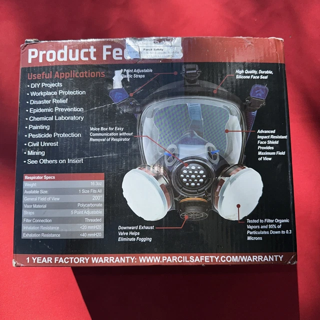 PARCIL SAFETY PD-100 Full Face Anti-Fog Mask Respirator w/ P-A-1 Filter ...