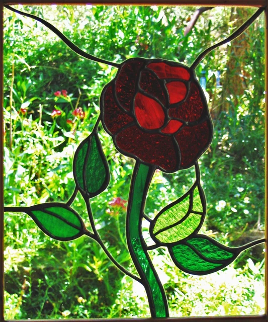 SINGLE RED ROSE STEM Authentic Stained Glass WINDOW Australian Made and ...