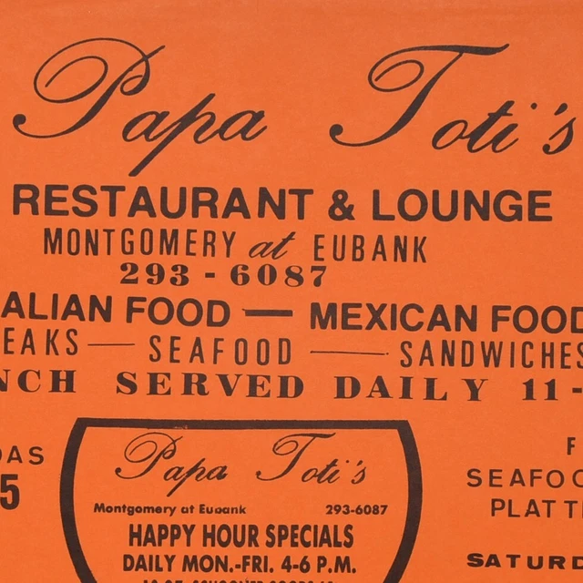 1970S CARL PAPA Toti's Restaurant Lounge Menu Montgomery Eubank ...
