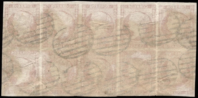 1855.ED:º48(10).ISABEL II.4 CU rojo.Sin filigrana.Blq 10.Mat Parrilla ...